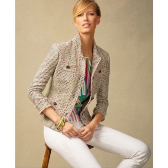 Talbots | Jackets & Coats | Talbots Tweed Fringe Boucle Ivorypinkgreen Chanelesque Y2k Style ...